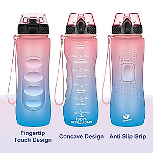 AIDEAMART 24 OZ Motivational Kids Water Bottle With Time Marker,Straw Lid&Chug Lid, Leak Proof, Tritan BPA Free Sports Water Pink-Blue(2 Lid)
