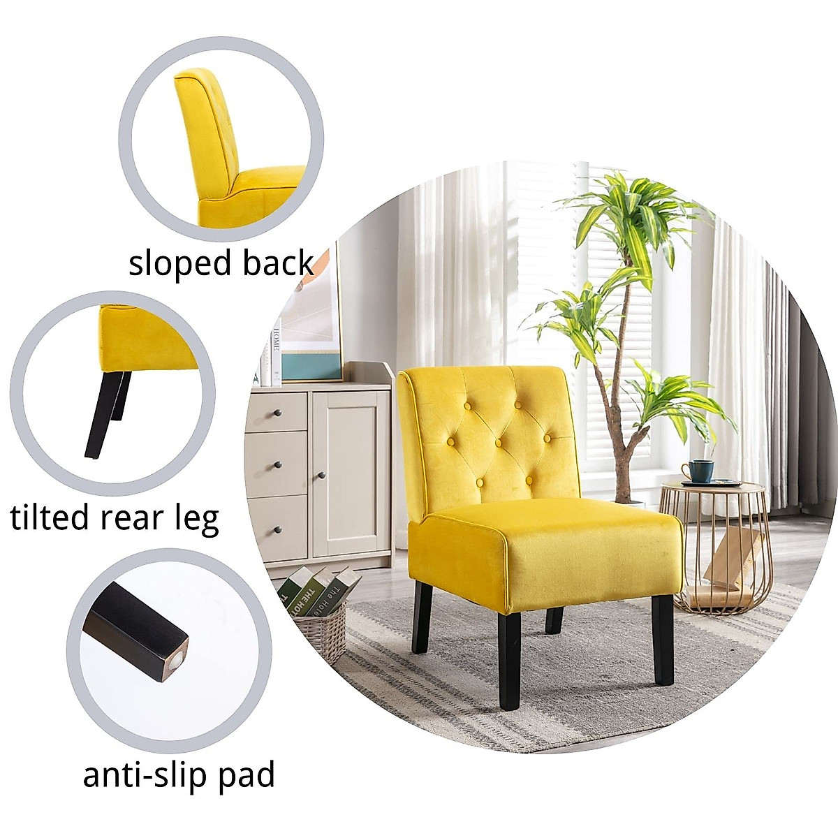 Freemax Velvet Fabric Accent Chair Armless Leisure Side Chair Cute Decorative Slipper Chair Small Tufted Single Sofa Chair for Living Room Bedroom Office Reading Room Nook (Yellow)