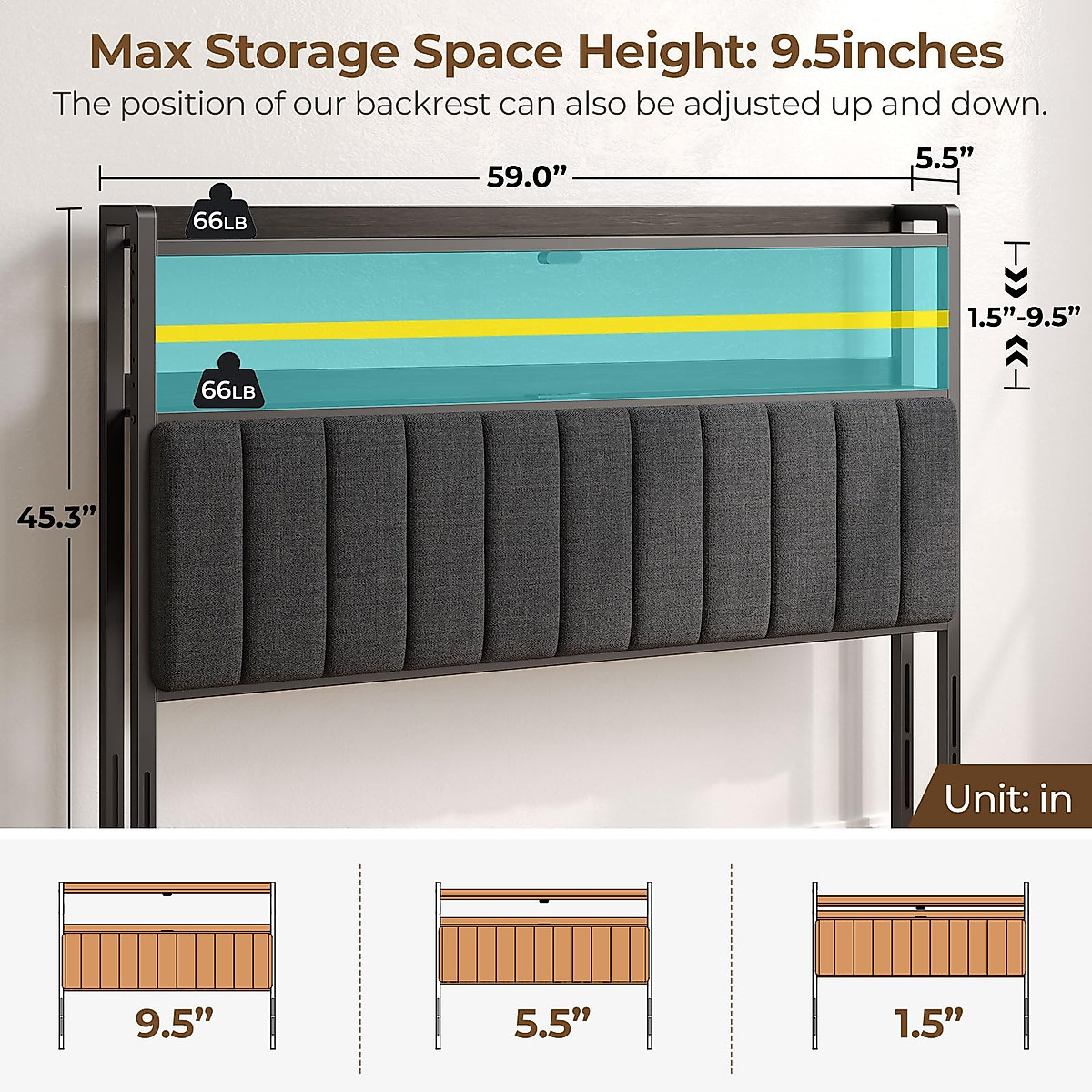 Rolanstar Headboard for Queen Size Bed with Storage, 60,000 DIY Color of LED Light, Head Board with USB & Type C Port, Height Adjustable, Black Upholstered Cabeceras de Cama Comfortable Modern, Linen