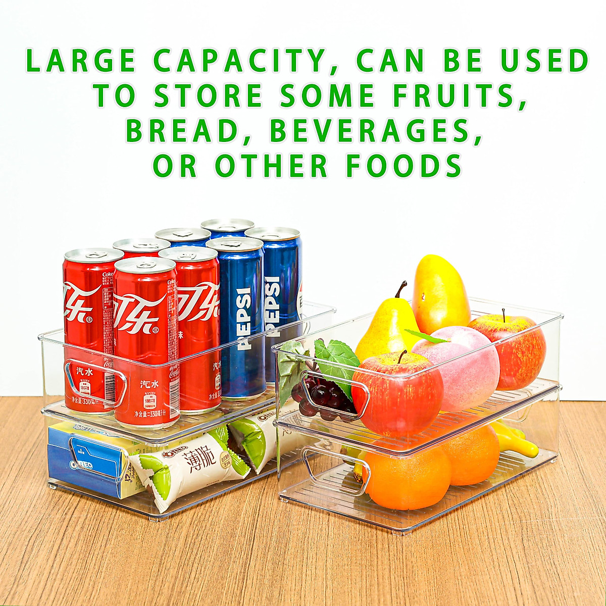 2 Pack Pantry Organization and Food Storage Bin,Stackable Clear Plastic Refrigerator Organizer Bins for Kitchen,Fridge, Cabinet Organization and Storage for Packets, Snacks, Fruit, Soda ,Spice Packets