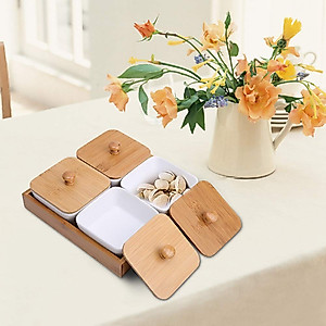 Ceramic Appetizer Serving Plate with Bamboo Tray Cover Snacks Tray fit for Wide Variety of Desktop Decoration(Four compartments with Cover)