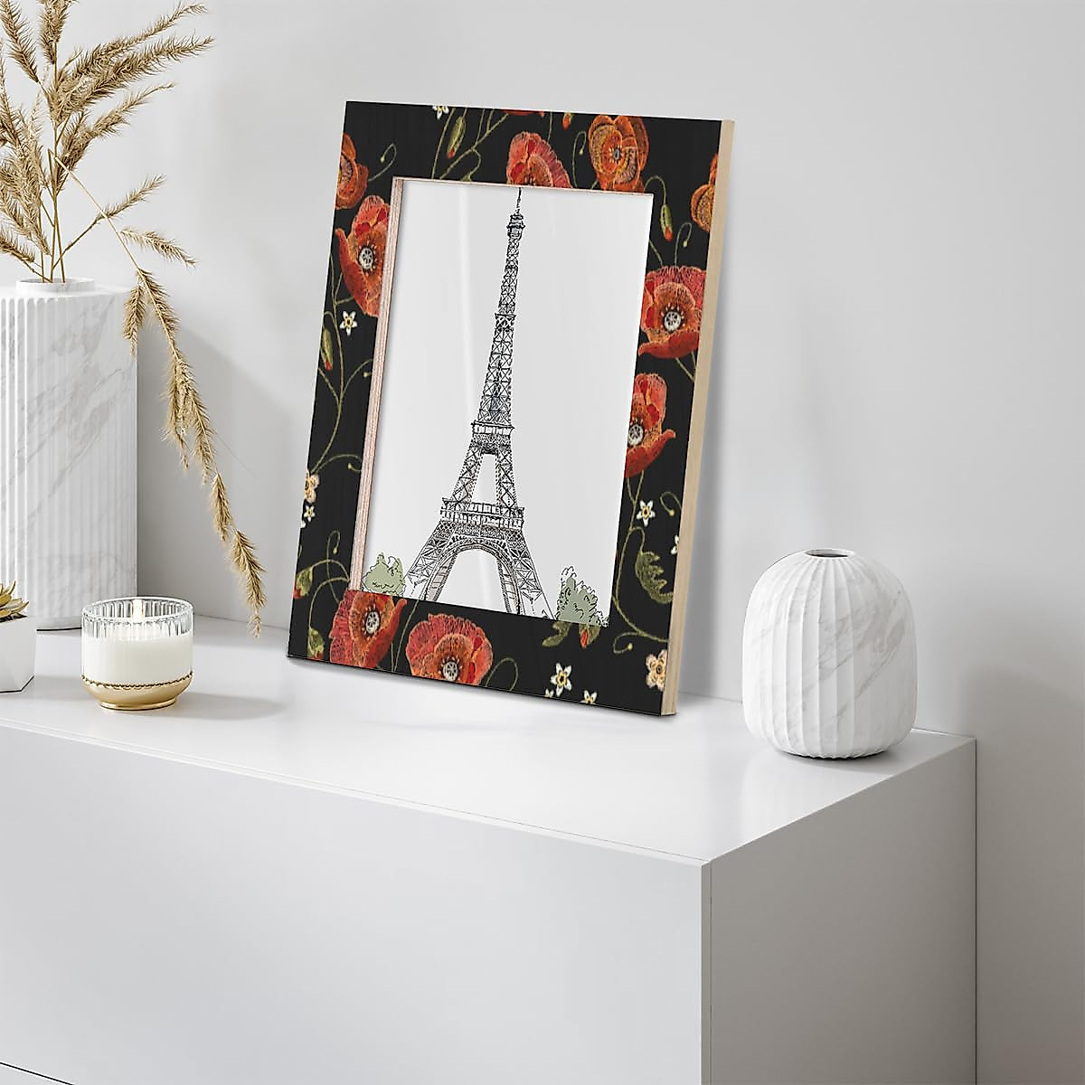 4x6 Picture Frame Embroidery Red Poppies Wood Photo Frames with Acrylic for Wall Mount & Table Top Display Picture Frames for Wall Decor
