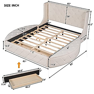 Prohon Upholstered Platform Bed with Wingback Headboard and 1 Big Drawer,2 Side Storage Stool, Velvet Tufted Bed Frame Queen Size, No Box Spring Needed, Easy to Install, Wooden Slats Support, Beige