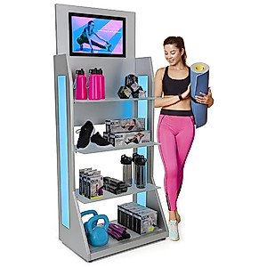 Displays2go LED Gondola with Digital Screen, Built-in Speaker, Four Shelves - Silver (SMFSDDSLED)