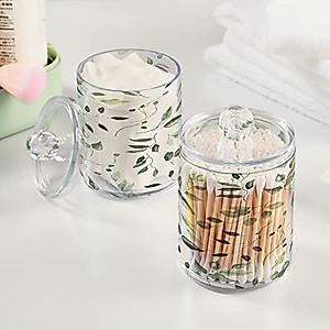 Kigai 2PCS Green Leaves Qtip Holder Dispenser with Lids - 14 oz Bathroom Storage Organizer Set, Clear Apothecary Jars Food Storage Containers, for Tea, Coffee, Cotton Ball, Floss