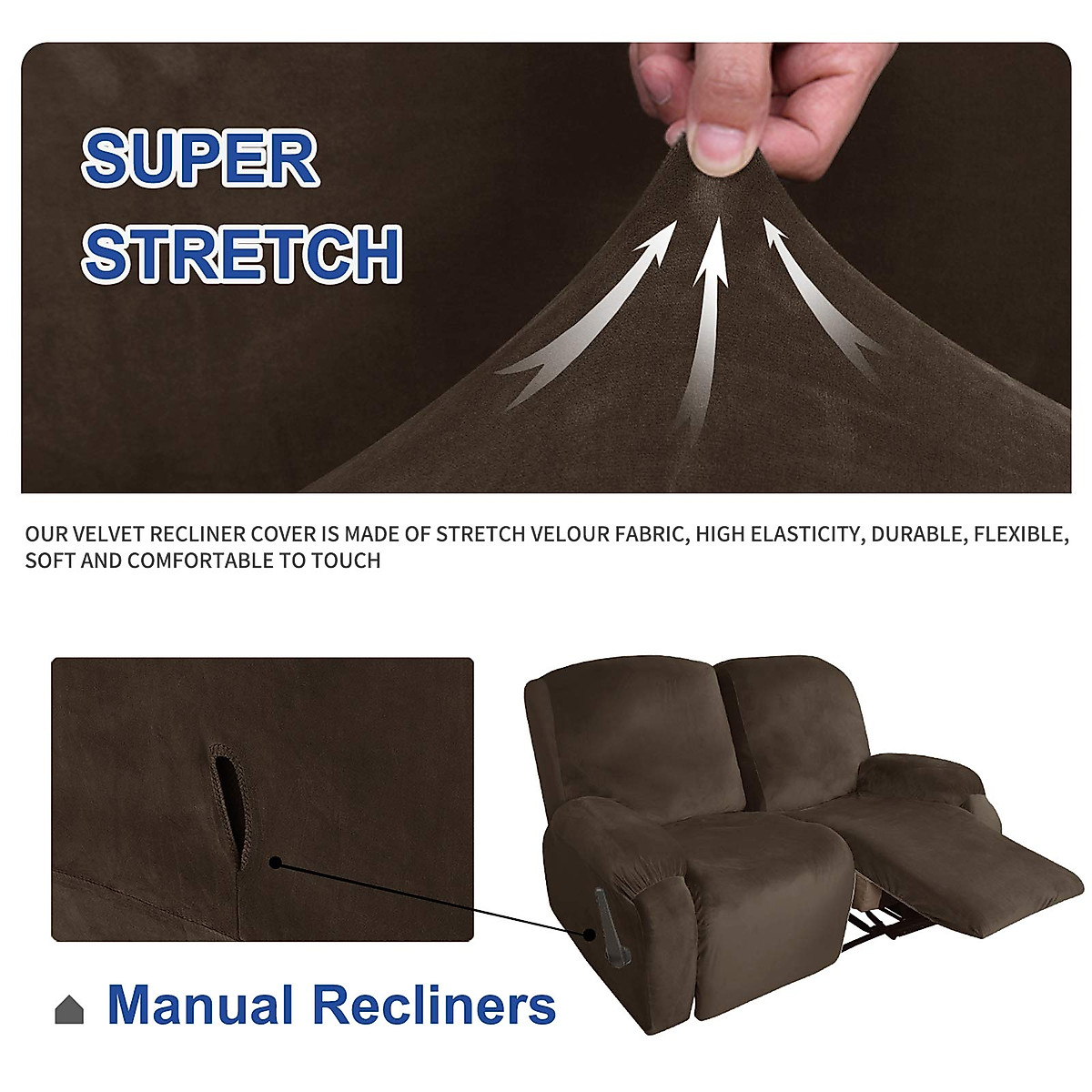 MAXIJIN Recliner Loveseat Slipcover, 6 Pieces Stretch Velvet Reclining Sofa Cover, 2 Seater Love Seat Recliner Couch Cover, Thick, Soft, Washable Furniture Cover (Loveseat Recliner, Dark Coffee)