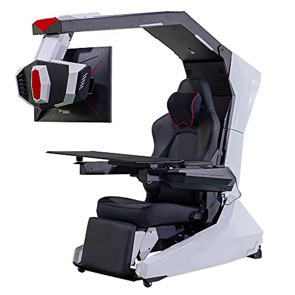 Imperatorworks R1 Pro White Computer Workstation with Massage PU Racing Gaming Chair and Speakers and Support 3 Monitors Zero Gravity Cockpit