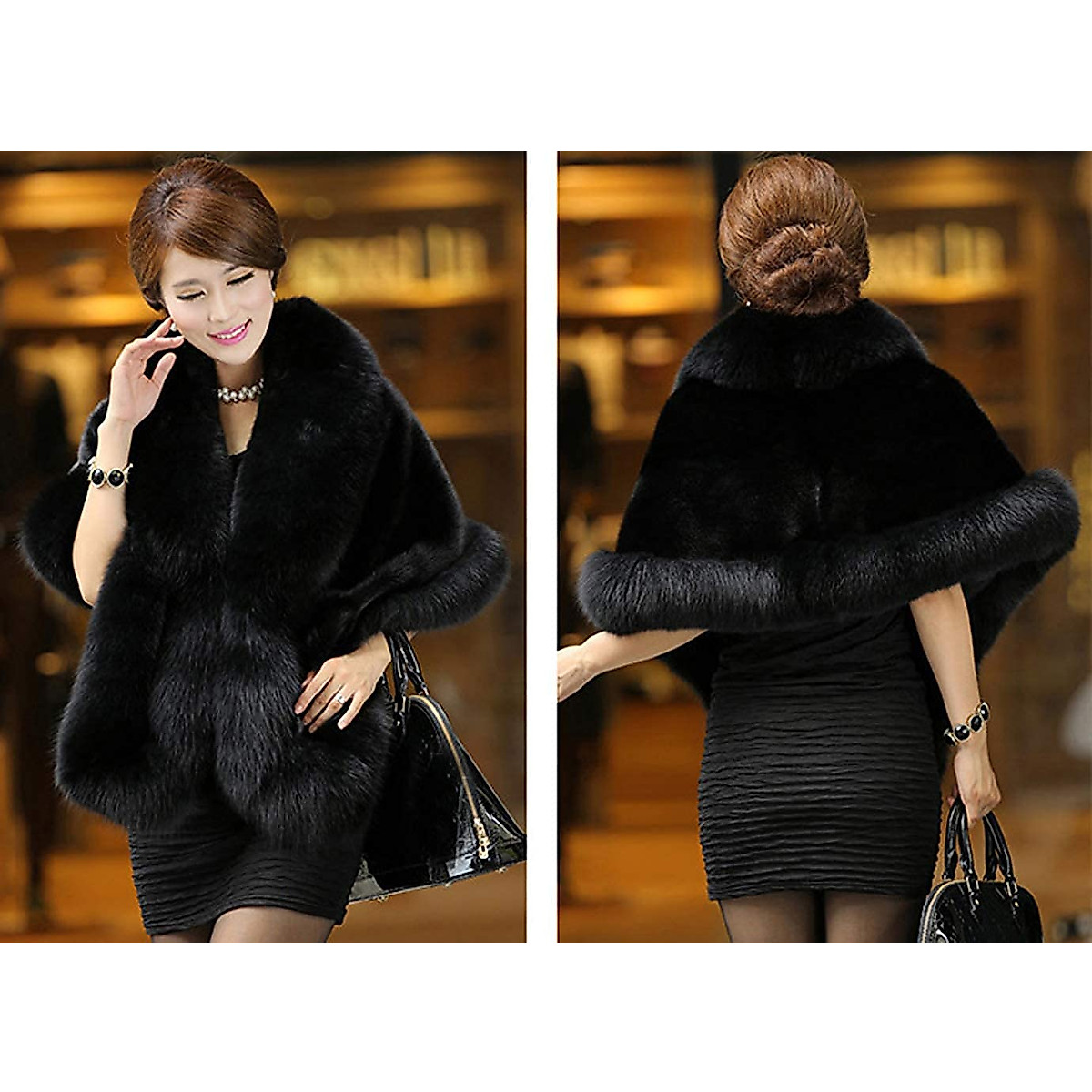 Caracilia Women Luxury Faux Fur Coat Jackets Wrap Cape Shawl for Wedding Party