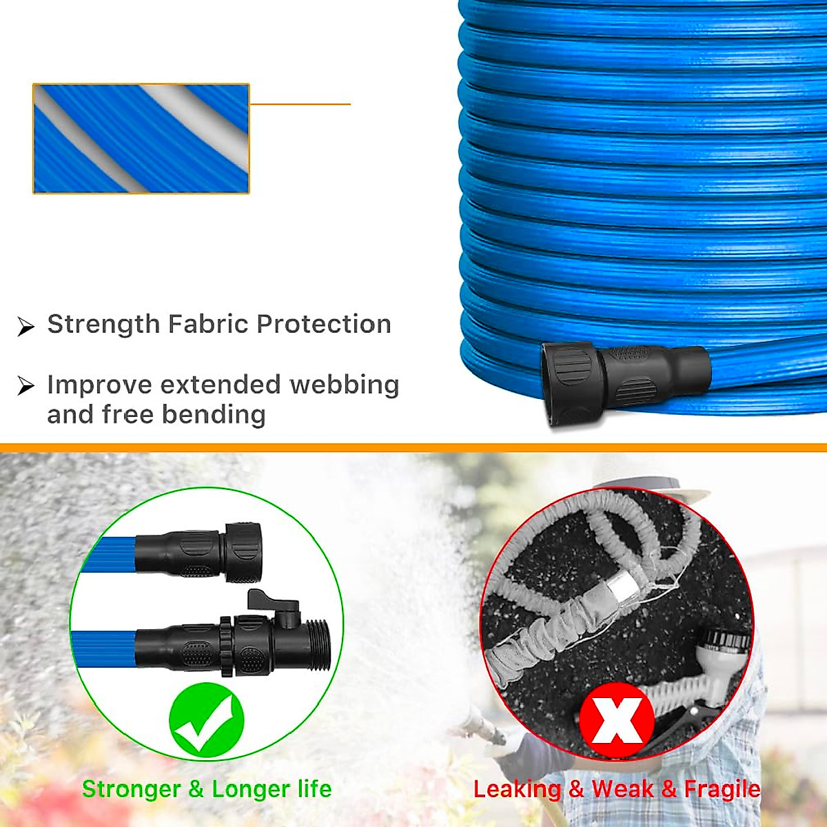 Ulelaxks 75FT Garden Hose, Water Hose, Elastic Garden Hose with 3/4" Fittings, Triple-layer Core, Garden Hose useful house gifts for Outdoor Lawn Car Watering Plants Blue
