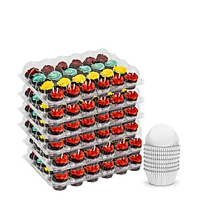 Bake Swirl (24 Counts x 6 Sets Standard Cupcake Containers with 144 Liners Clear Plastic Cupcake Boxes Carrier Holders Detachable Tall High Dome Lid Disposable BPA Wedding Party Baby Shower Birthday