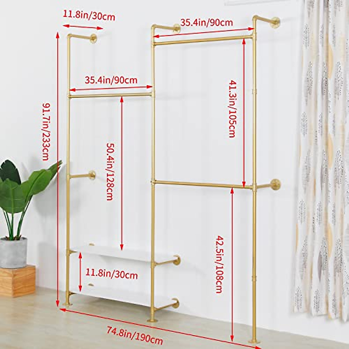 EDCB Industrial Pipe Clothing Rack with Shelves Closet Rods System, Double Hanging Rods Wall Mounted Clothes Rack Heavy Duty, Detachable Garment Bar (91.5X72inch, Gold)