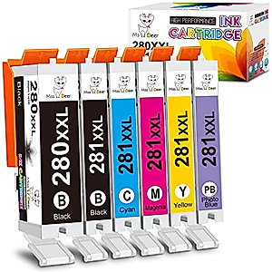 Miss Deer 280 281 Ink Cartridges Compatible Replacement for Canon PGI-280XXL CLI-281XXL PGI280 CLI281 Used with Canon PIXMA TS9120 TS8120 TS8220 TS8320 TS9100 TS8100 TS8300(with Photo Blue)