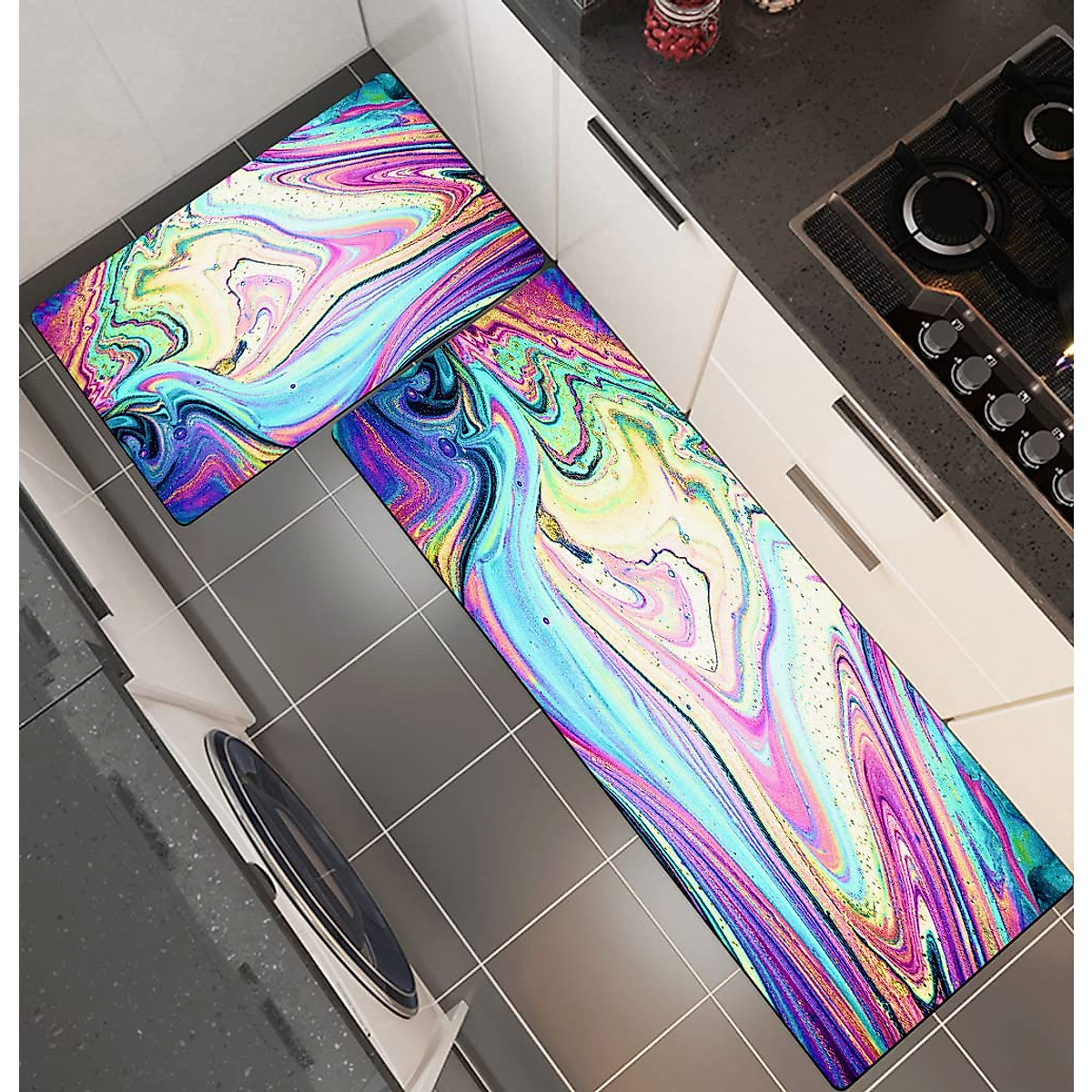 Rainbow Colors Kitchen Rugs Mats Set of 2 Iridescent Marble Art Anti-Fatigue Cushioned Kitchen Floor Mat Non-Slip Backing Washable Kitchen Rugs Set Office Laundry (Rainbow, 17"x29.5"+17"x47")