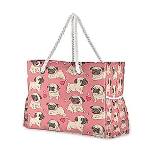 ALAZA Cartoon Pug Puppy Dog Tote Bag Beach Large Bag Rope Handles for Shopping Groceries Travel Outdoors