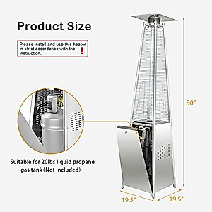 Toolsempire Outdoor Patio Heater 42,000 BTU, Propane Gas Space Heater Pyramid Stainless Steel Heaters Quartz Glass Tube with Wheels for Garden, Yard, Residential & Commercial Use, 90” Tall, Silver