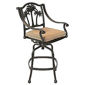 Palm Tree Outdoor Patio Set 6pc Swivel Barstools 30" H Dark Bronze Cast Aluminum, Walnut Cushions
