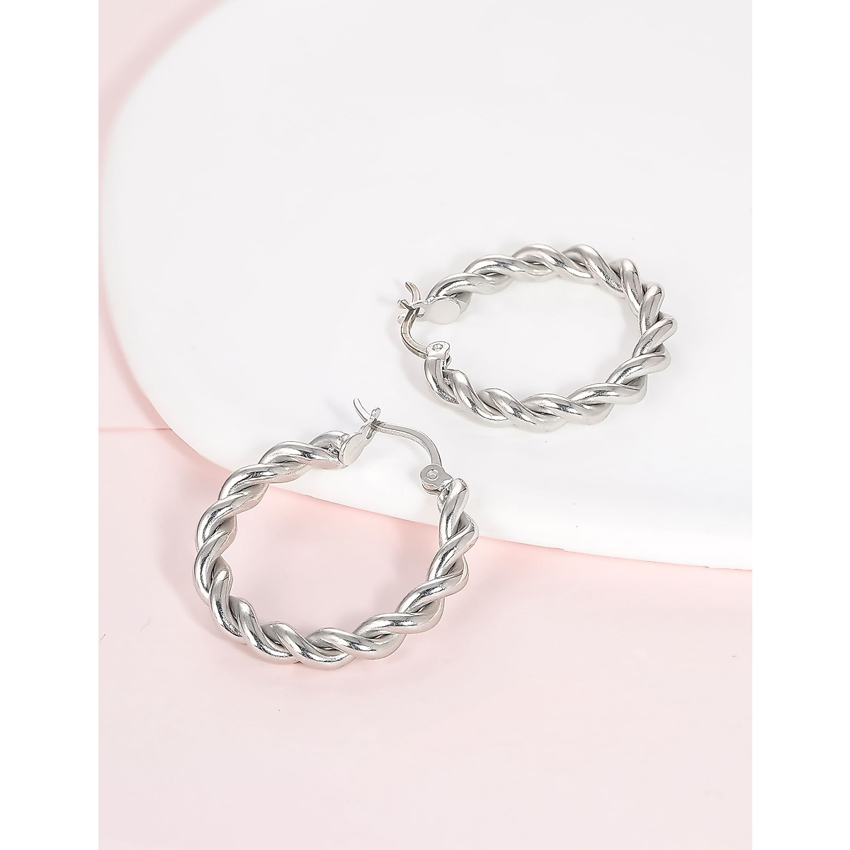 Limerencia hypoallergenic Pure Titanium Twisted Rope Round Hoop Earrings for women (24mm Twisted Rope Hoop, Silver)