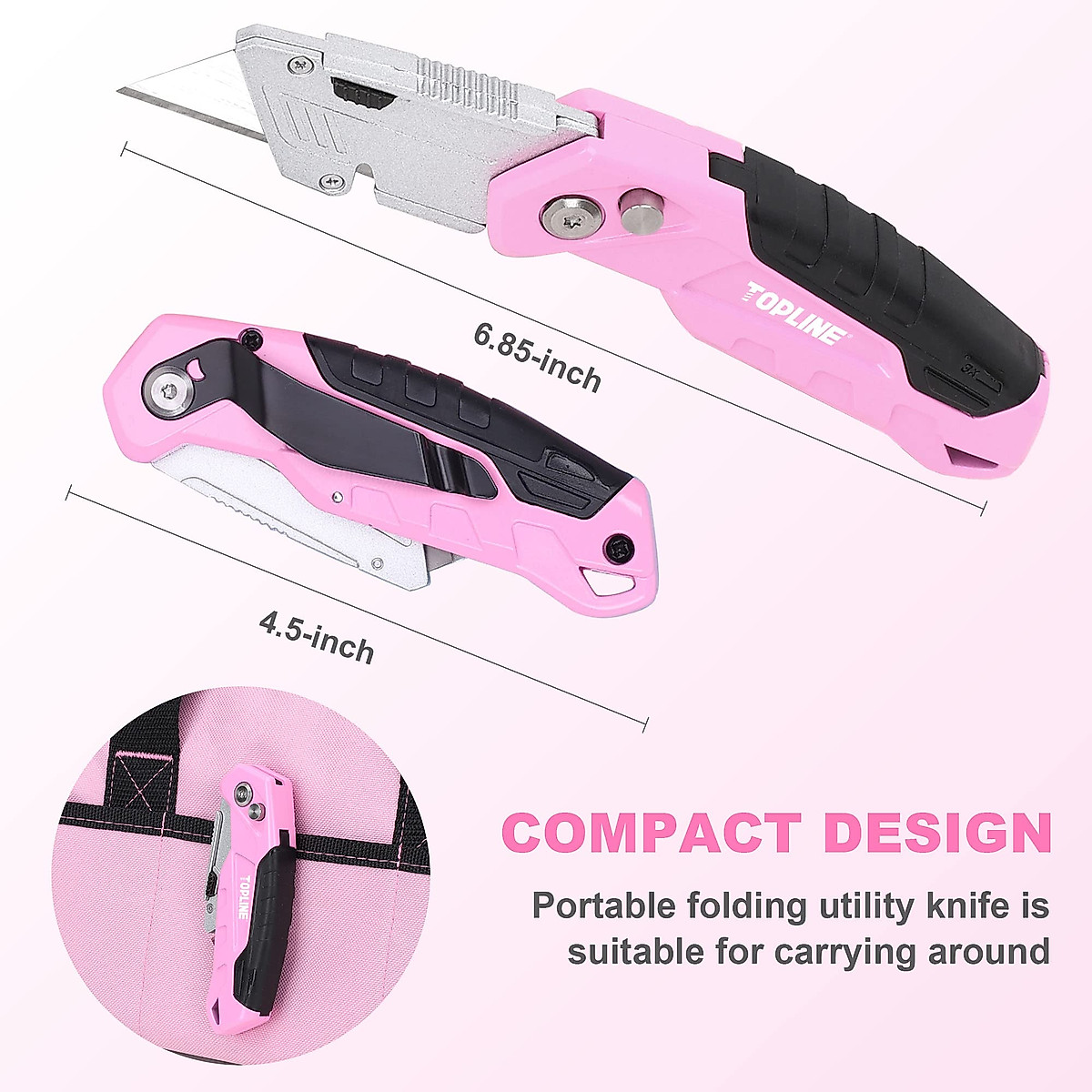 TOPLINE Folding Pink Utility Knife, Pocket Folding Pink Box Cutter, Blade Storage Design, 18-Piece SK5 Blades and a Dispenser Included (1 PACK(PINK))