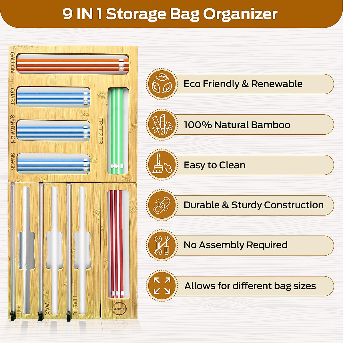 Kaby Storage Bag Organizer, Foil and plastic Wrap Organizer with Cutter, Kitchen Organizers and Storage Compatible with Gallon, Quart, Sandwich, Snack Bags and 12" Aluminum Foil & Wax Paper