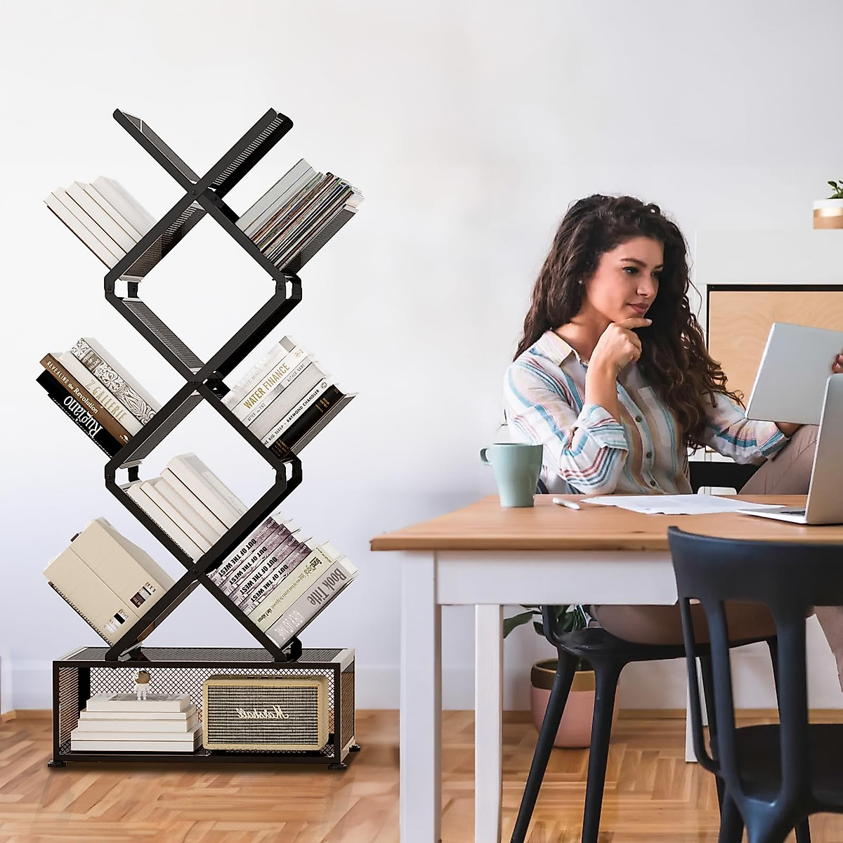 HI NINGER Folding Bookshelf,9 Tier Tree Bookshelf with Storage Cabinet,Stylish Design Metal Bookshelf for Display of CDs,Books in Living Room,Home Office,Tall Floor Standing Book Organizer for Bedroom