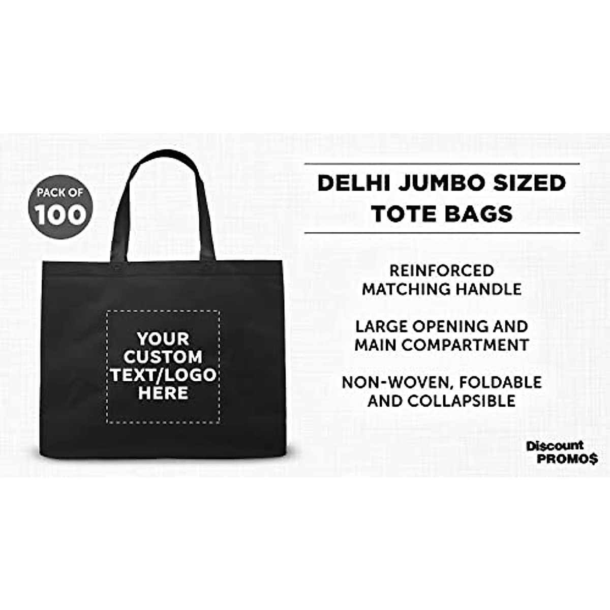 DISCOUNT PROMOS Jumbo Sized Tote Bags Set of 100, Bulk Pack - Grocery, Shopping, Travel, Carry on Bag, Totes for Women, Reusable, Black