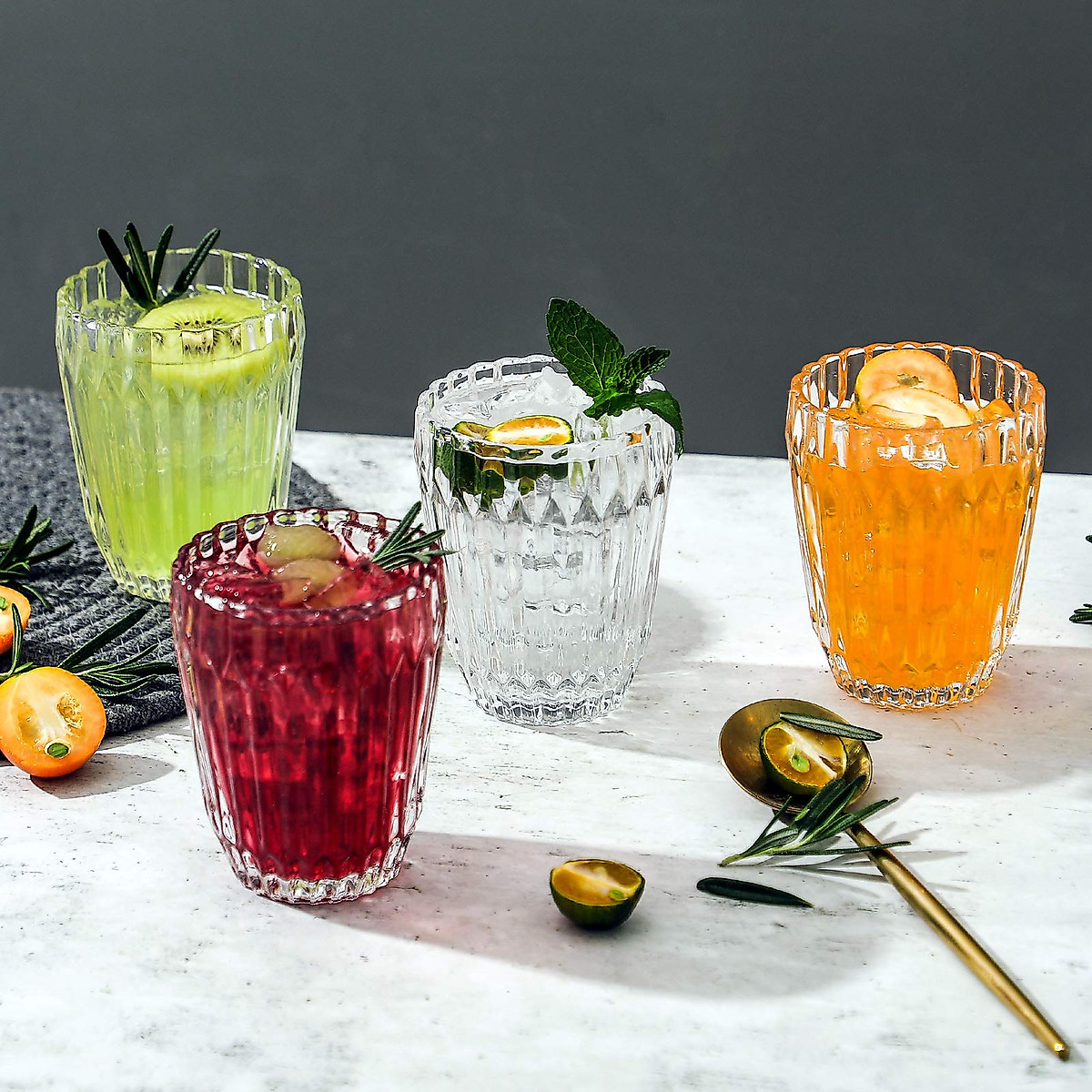 Vintage Juice Glasses 7.9 oz. set of 6 from 1500 C Tabletop Stripe Cup Old Fashion Tumbler Antique European Style woman Drinking Water Glassware Whiskey Iced-tea Beverage Milk Soda Coke for Home