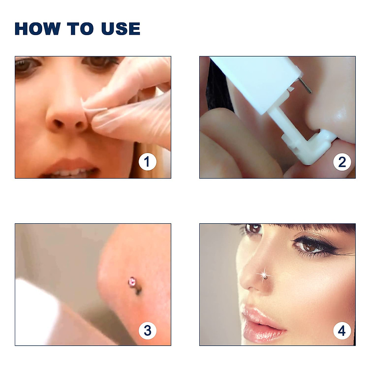 RASDDER 4-Pack Disposable Self Piercing Kit with Built-in Nose Studs, Very Safe Piercing Gun, Simple and Convenient Operation, Ideal for Family Use (White + Pink)