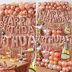 Rose Gold Birthday Party Background Decoration&Balloons Arch Kit,Crown,Rose Gold Happy Birthday Banner,Fringe Curtain,Balloon gift box,Sweet 16 18th 21st 30th Birthday for Women Girls