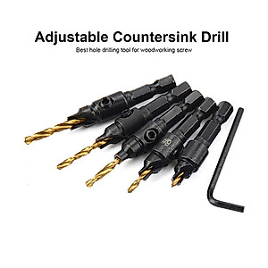 Countersink Drill Bit Set, 1/4 inch Hex Shank Countersink Drill Bit, Power Tools Accessories for Plastic, Metal, Woodworking Tool by Power Drill 5Pcs/Set #5, 6, 8, 10, and #13 (Gold)