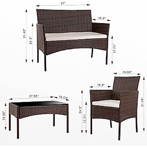 Shintenchi 4 Piece Outdoor Patio Furniture Sets, Small Wicker Patio Conversation Furniture Rattan Chair Set with Tempered Glass Coffee Table for Backyard Porch Garden Poolside Balcony
