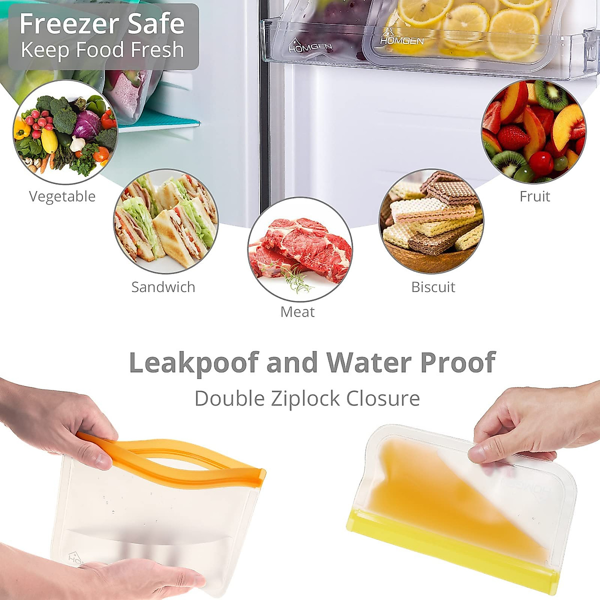 HOMGEN Exclusive Innovation 8pcs Refrigerator Liners&10Pcs Reusable Snack Bags for Kids Set (4 Reusable Sandwich Bags, 4 Reusable Snack Bags, 2 Freezer Gallon Bags) Perfect for Fridge Used