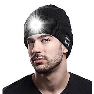 Bluetooth Beanie Hat with Light, Unique Tech Gifts for Men Husband Him Teen, Wireless Headphones for Fishing Jogging Working, Christmas Stocking Stuffers Black