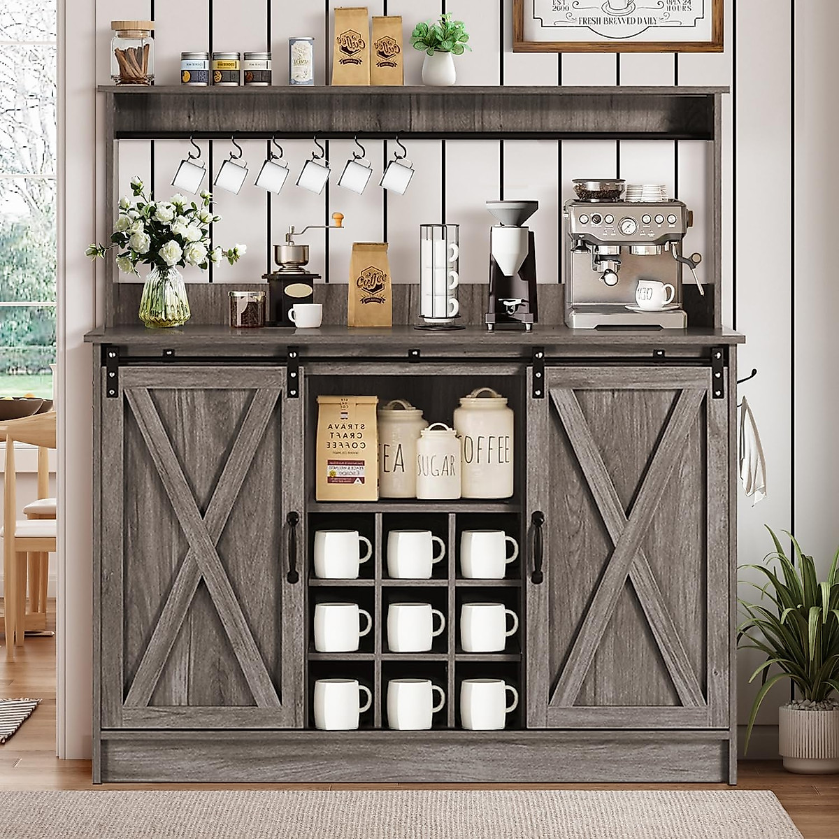 4 EVER WINNER Farmhouse Coffee Bar Cabinet with 9 Racks, Sideboard Buffet Cabinet for Liquor with 6 Hooks & Adjustable Shelves, Large Wine Bar Cabinet for Kitchen Dining Room, Wash Grey