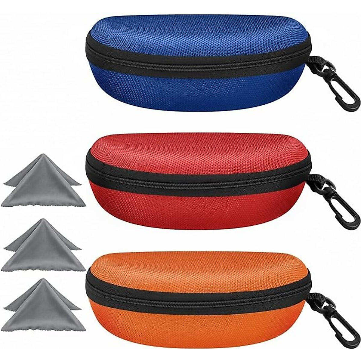 3 Pack Sunglasses Case Portable Travel Zipper Eyeglasses Case Hook With Cleaning Cloth (B-red+blue+orange)