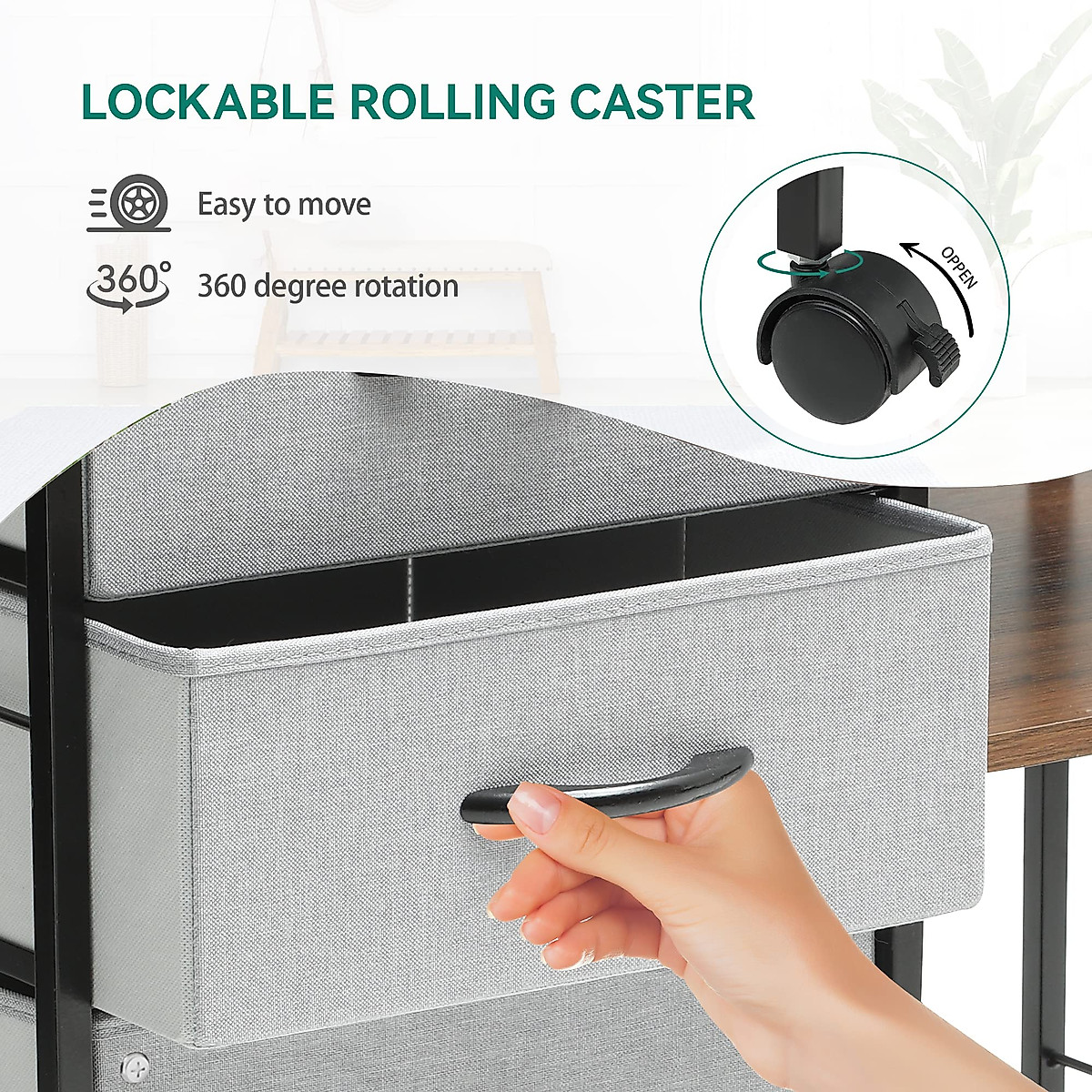 YITAHOME 3 Drawer Lateral File Cabinet, Mobile Printer Stand with Open Storage Shelf and Hook, Rolling Fabric Filing Cabinet for Home Office, Fits A4/Letter Size, Light Grey