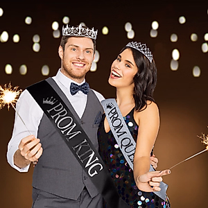 Lyrow 4 Pcs Prom King and Queen Crown Set with Sashes and Tiara Prom Sashes for Graduation Halloween Costume(Silver, Silver)