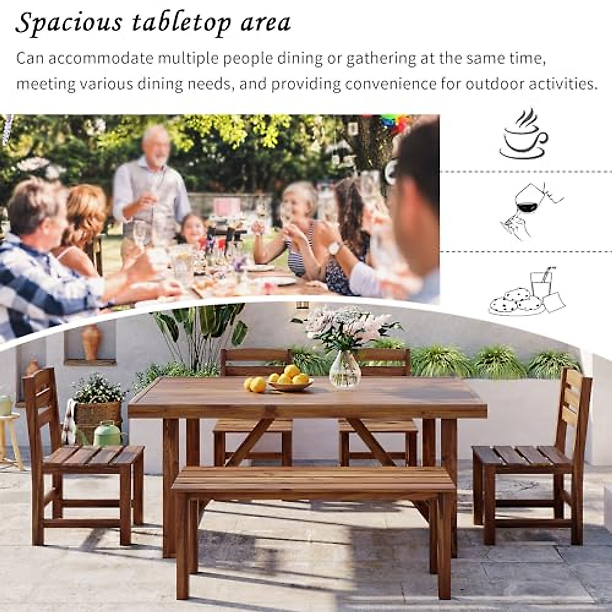YOPTO Acacia Wood Outdoor Table and Chair Set,Outdoor Dining Sets with 4 Chairs and Bench, 6 Piece Patio Furniture Suitable for Patio,Balcony, Backyard,Natural