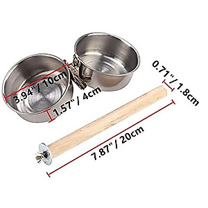 Bird Perch with Feeder CupsBowls Stainless Steel Odorless with Holder Hanger for Outside Durable Water Food Dispenser for Parakeet Cockatiel Conure African Grey Macaw Cage Accessories (B-20CM)