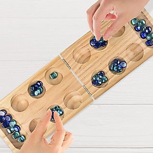 Gamie Wooden Mancala Board Game Set - Foldable Mancala with 48 Color Stones - Classic 2 Player Games for Adults and Kids with Instructions - Travel Board Games for Road Trips or Long Flights