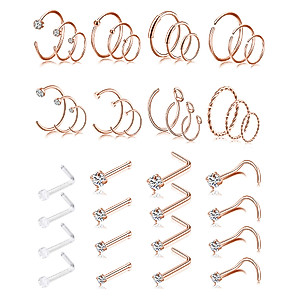 Tornito 20G 40Pcs Stainless Steel Nose Rings Nose Studs Set L-Shaped Bone Curved Nose Stud Piercing Helix Cartilage Tragus Hoop Rings Body Piercing Jewelry for Men and Women 6mm 8mm 10mm Rose Gold