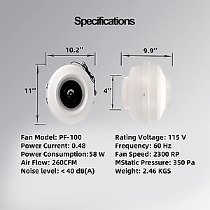 MIDCVFRUN 4 inch 260 CFM Radon Mitigation System Inline Duct Fan, IP67 Waterproof Electric Exhaust Fan for Indoor Outdoor, Energy Efficient Duct Fan Ventilation Equipment