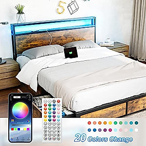 Squireewo Full Bed Frame with Charging Station & Led Lights, Platform Metal Bed Frame with 4 Storage Drawers and Headboard, No Box Spring Needed, Easy Assembly, Noise-Free,Rustic Brown