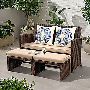 OC Orange-Casual Outdoor Loveseat 3 Piece Patio Furniture Set Outdoor Conversation Set All-Weather Wicker Love Seat with Ottoman/Side Table, Brown Rattan, Beige Cushion
