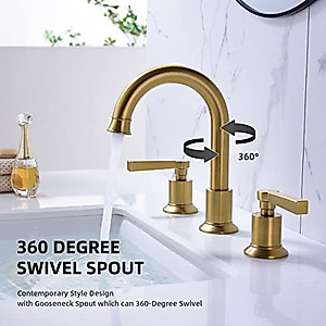 TRUSTMI 2 Handle 8 Inch Widespread Bathroom Faucet Brass Lavatory Vanity Sink Faucet with Metal Overflow Pop Up Drain and cUPC Water Supply Lines, Brushed Brass Gold