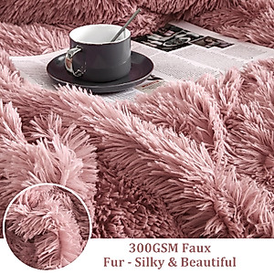 CAROMIO Fluffy Duvet Cover Set King Size, Luxury Soft Faux Fur Duvet Cover with Button Closure Corner Ties, 3 Piece Shaggy Bedding Set with 2 Pillow Sham for Cold Winter (King, Pink)