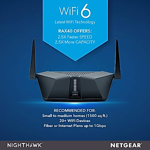 NETGEAR Nighthawk AX4 4-Stream WiFi 6 Router (RAX40) - AX3000 Wireless Speed (up to 3Gbps) | 1,500 Sq Ft Coverage | Coverage for Small-to-Medium Homes | 4 x 1G Ethernet and 1 x 3.0 USB ports (Renewed)