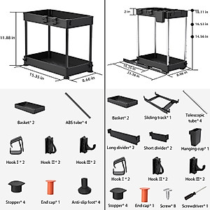 AOSITE 2 Pack Under Sink Storage and Organizers, Sliding Under Cabinet Organizer with Dividers Pull Out Kitchen Cabinet Basket Organizer Adjustable Bathroom Sink Storage Organizer with Hooks
