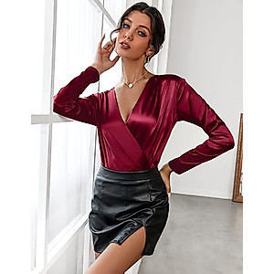 Chigant Body Suits Women Clothing Satin Long Sleeve Bodysuit for Women Leotard Blouse