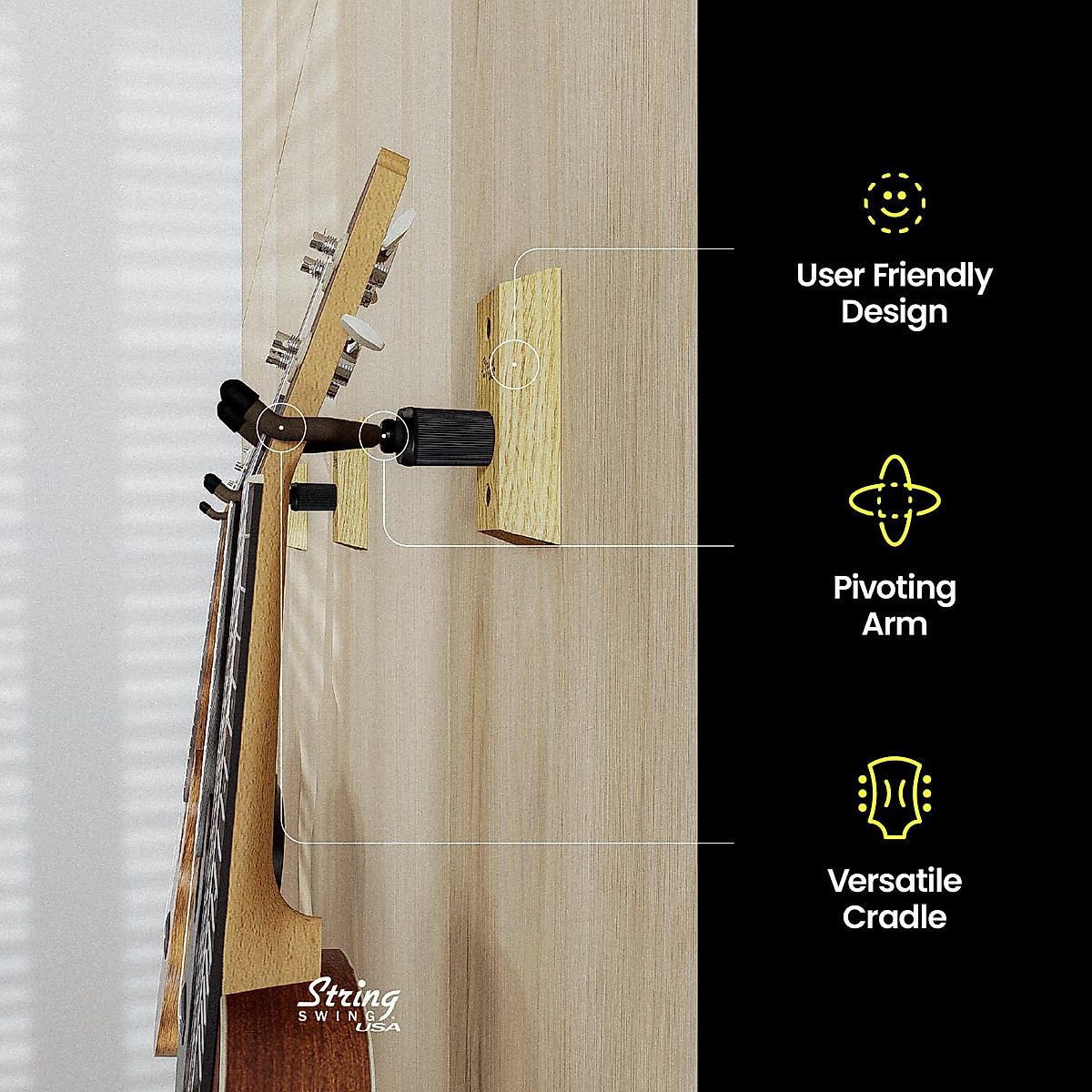 String Swing Ukulele Wall Mount Stand for Mandolin Uke Concert Pineapple Soprano Tenor and Baritone Compatible Case Alternative Kit for Home or Studio – Oak Hardwood