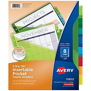 Avery Dividers for 3 Ring Binders, 8-Tab Binder Dividers, Plastic Binder Dividers with Pockets, Insertable Big Tabs, Multicolor, 1 Set (11903)